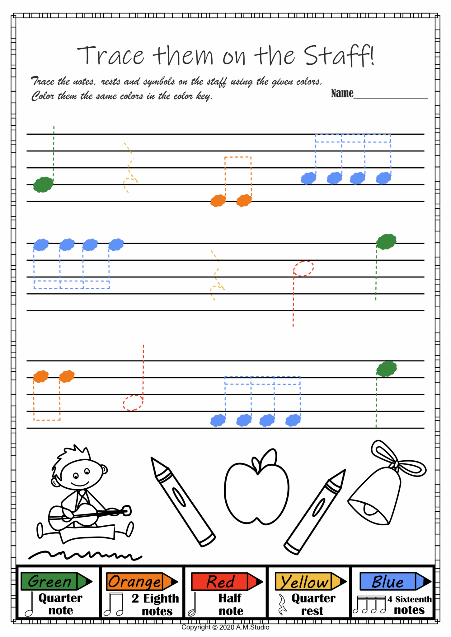 Back to School Trace and Color Music Sheets #2 | Tracing Notes on the ...