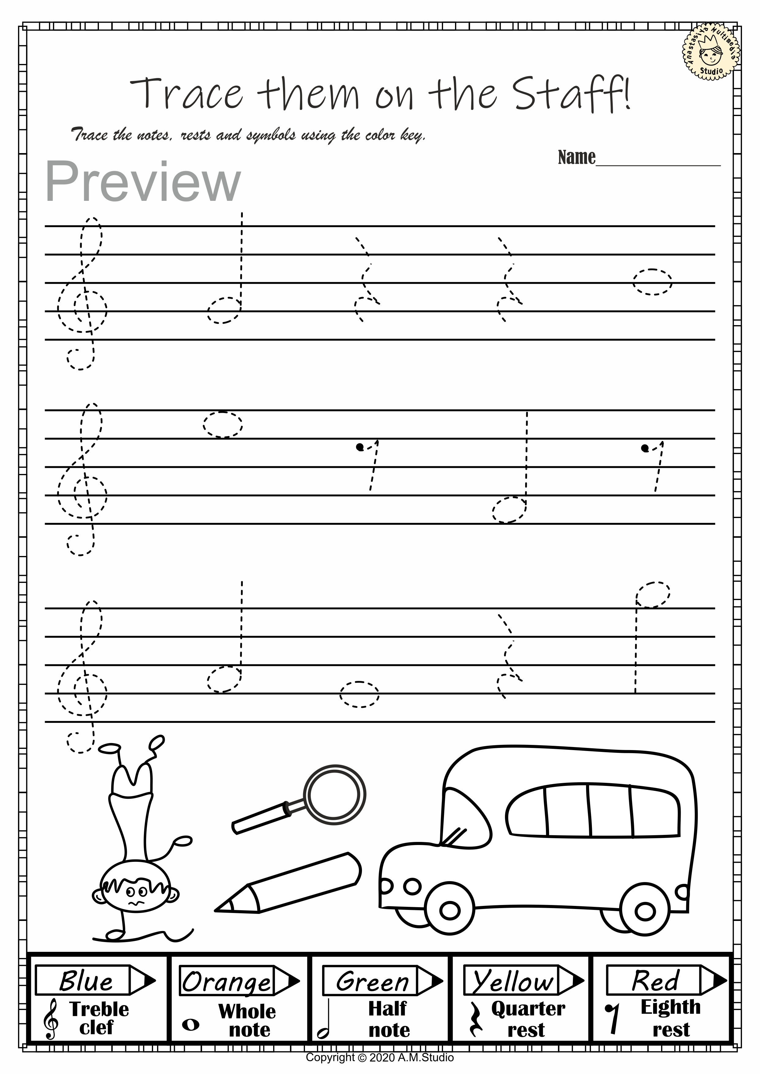 Back to School Trace and Color Music Sheets #2 | Tracing Notes on the ...