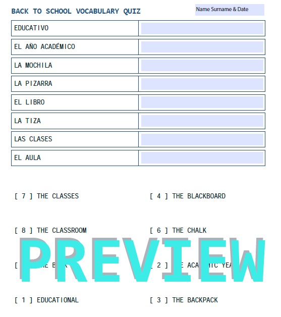 SPANISH VOCABULARY QUIZ - BACK TO SCHOOL | Made By Teachers