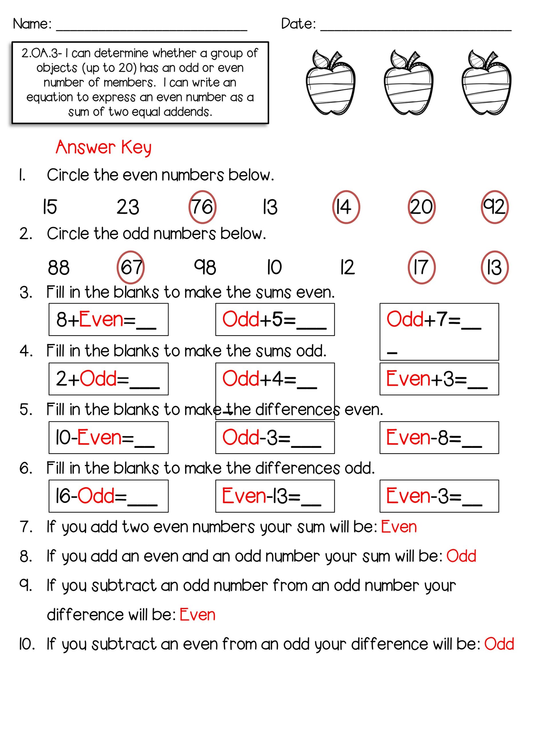 2.OA.3 Assessments- Even & Odd Numbers | Made By Teachers