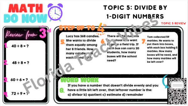 4th Grade Math Daily "Do Now" Bell Work- enVision Topic 5 Divide by 1 ...