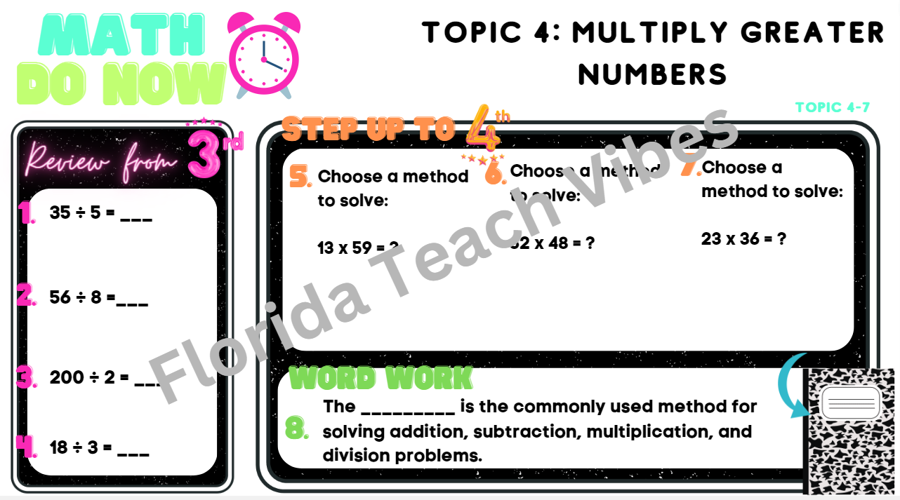 4th Grade Math Daily "Do Now" Bell Work- enVision Topic 4 Multiply ...