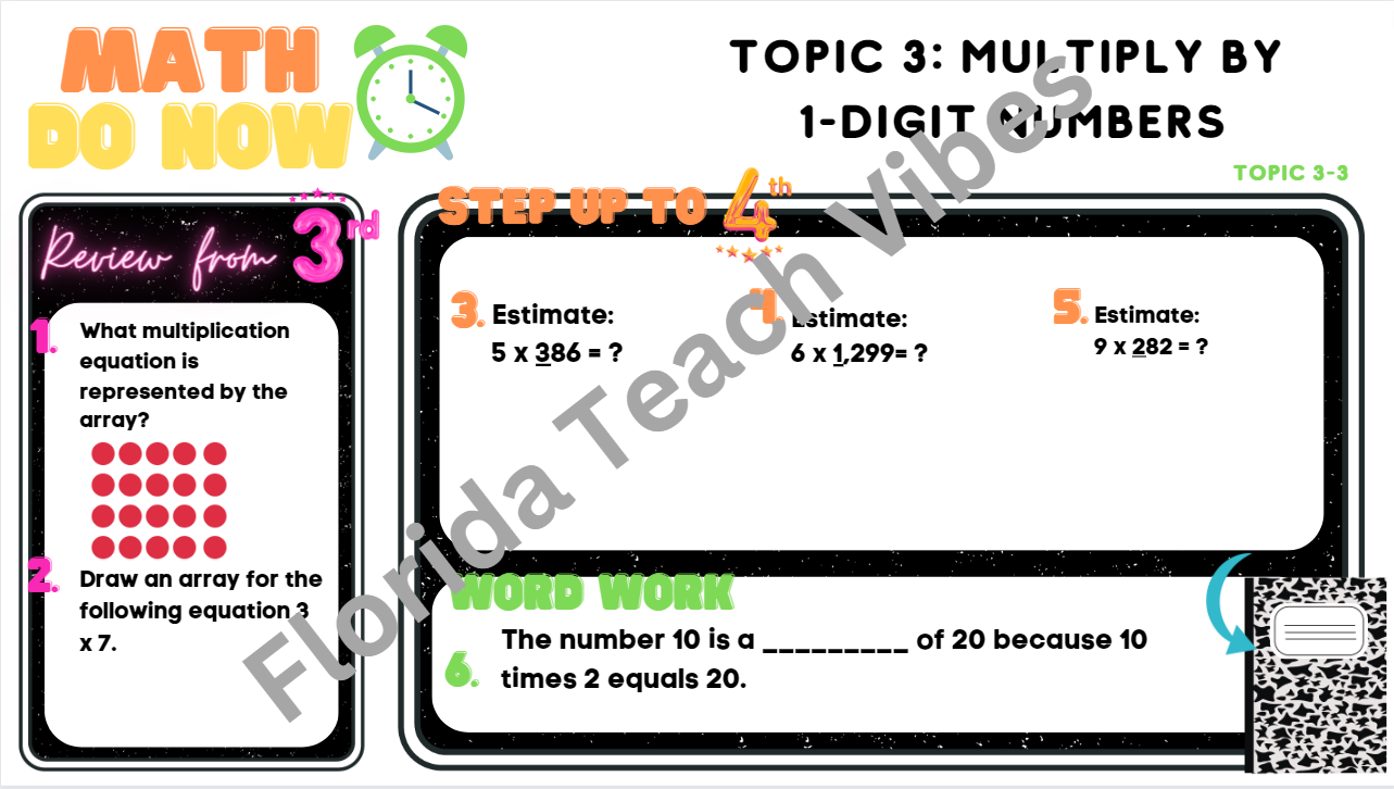 4th Grade Math Daily "Do Now" Bell Work- enVision Topic 3 Multiply by 1 ...