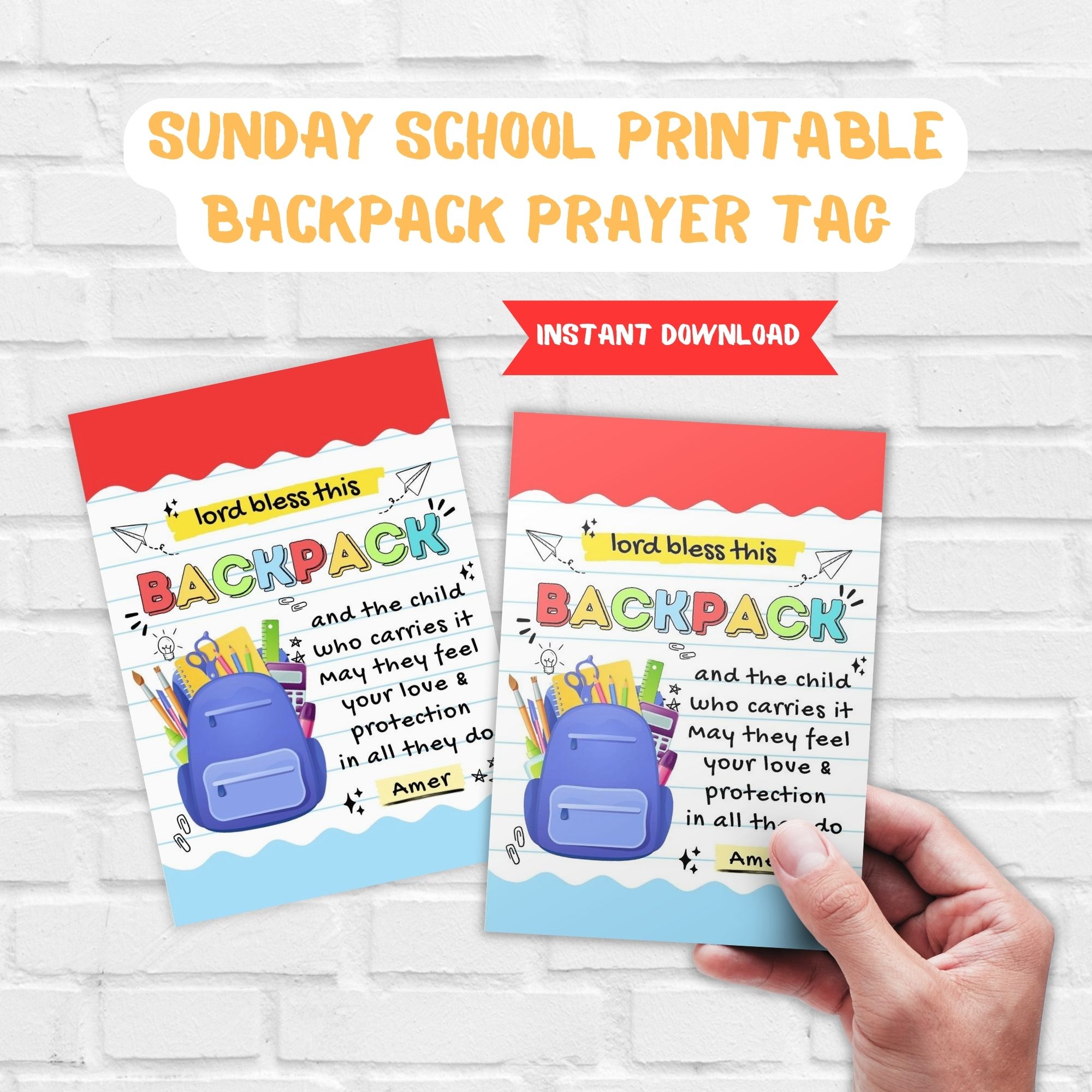 Sunday School Printable Backpack Prayer Tag INSTANT DOWNLOAD Lord bless ...