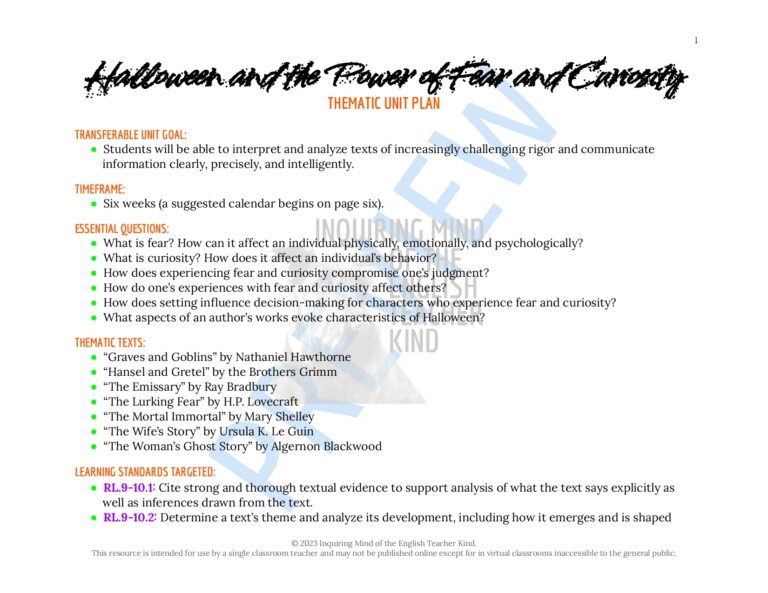 Thematic Short Story Unit Plan on Fear and Curiosity for High School ...