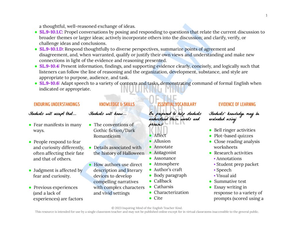 Thematic Short Story Unit Plan on Fear and Curiosity for High School ...