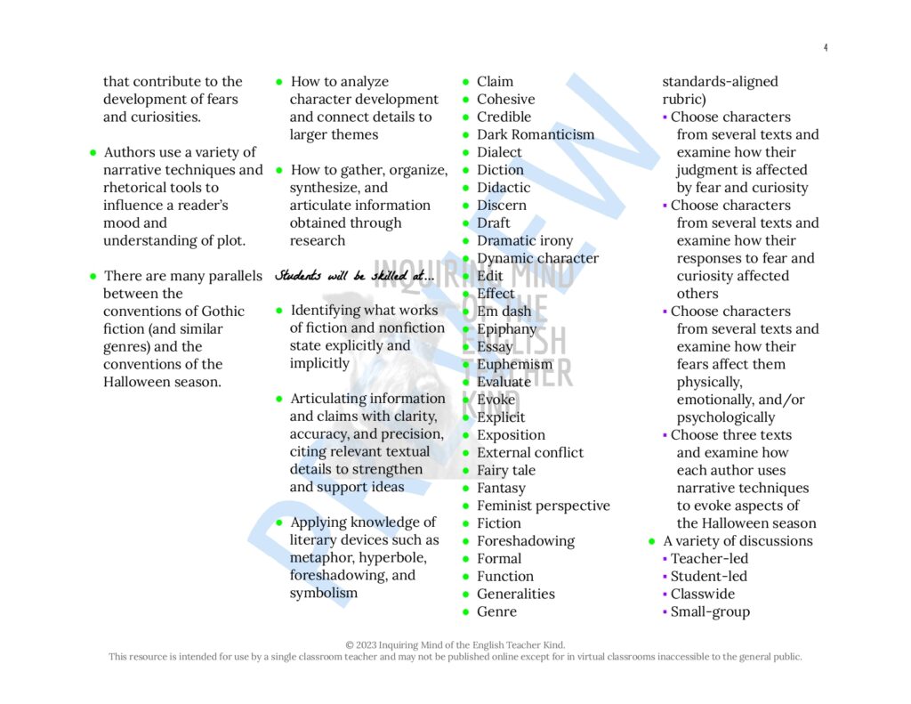 Thematic Short Story Unit Plan on Fear and Curiosity for High School ...