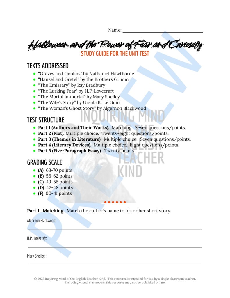 Thematic Short Story Unit Plan on Fear and Curiosity for High School ...