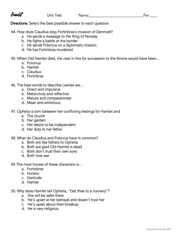 William Shakespeare's Hamlet Final Unit Test Multiple Choice Answer ...