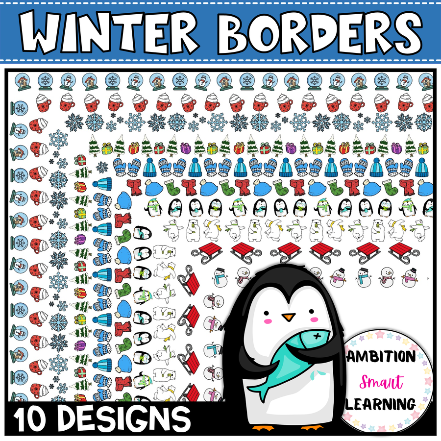 Winter Borders Clip Art - Snowmen, Snow globes, Penguins, Hot cocoa and ...