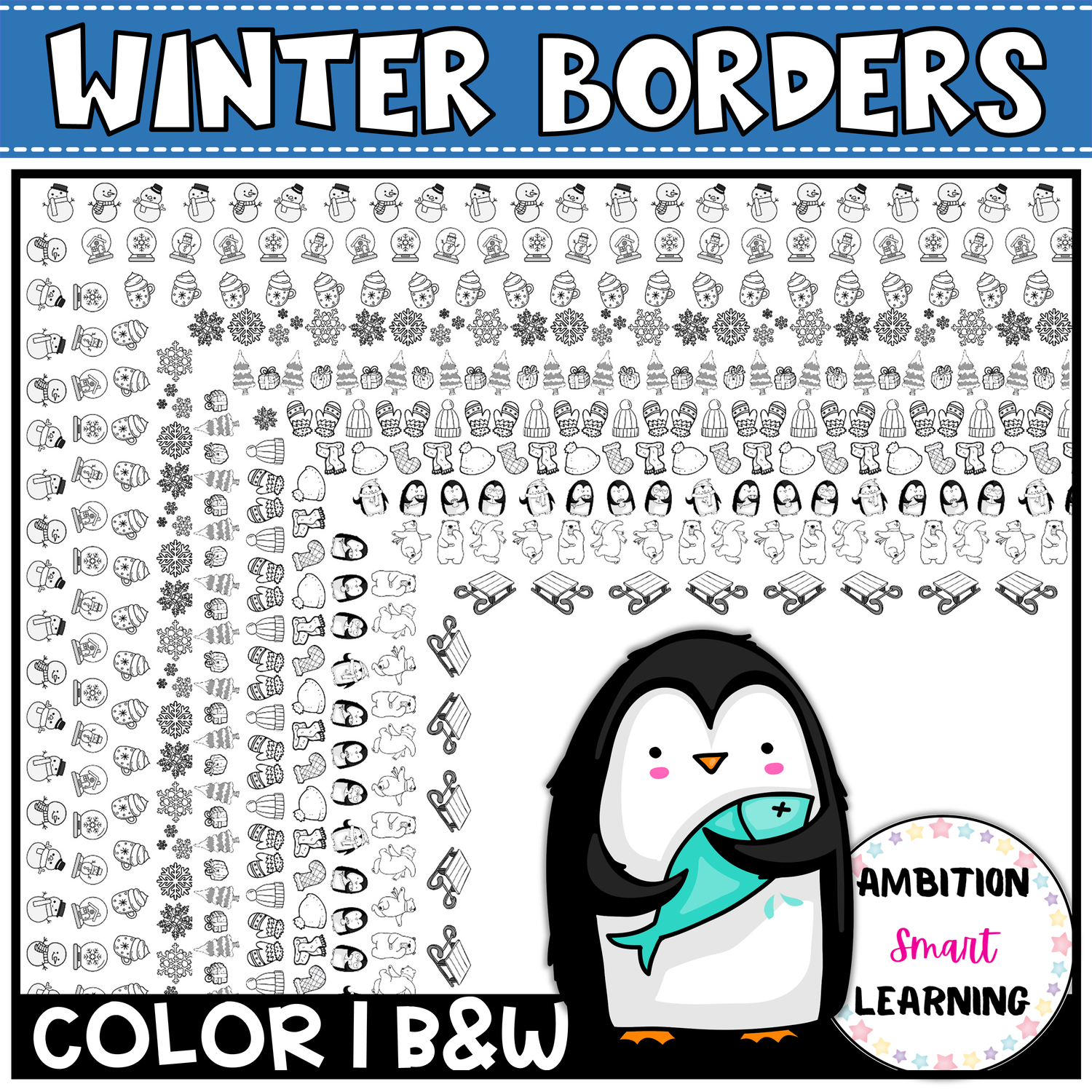 Winter Borders Clip Art - Snowmen, Snow globes, Penguins, Hot cocoa and ...