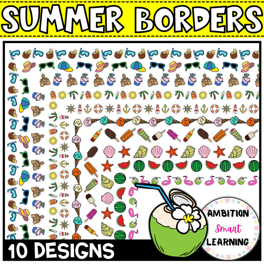 Summer Borders Clip Art - Sand Castles, Shells, Popsicles, Watermelon ...