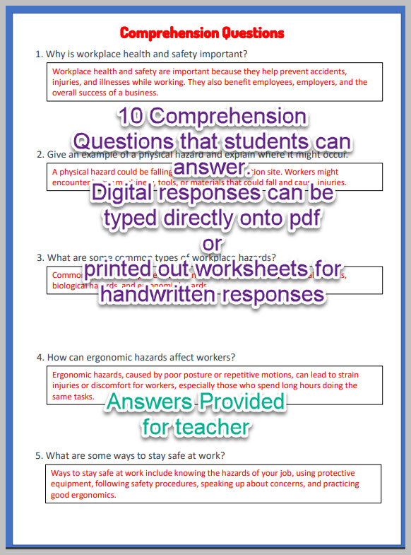 Health and Safety in the Workplace Reading Passage and Comprehension ...