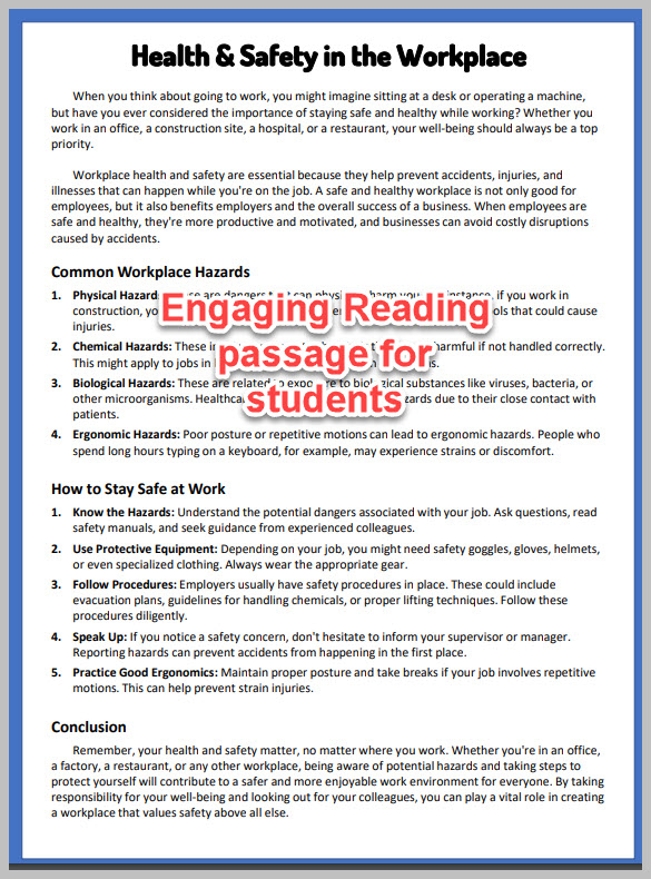 Health and Safety in the Workplace Reading Passage and Comprehension ...