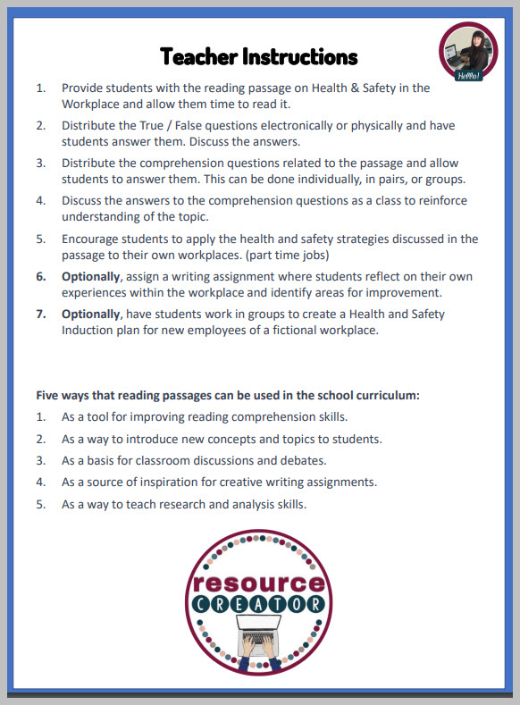 Health and Safety in the Workplace Reading Passage and Comprehension ...