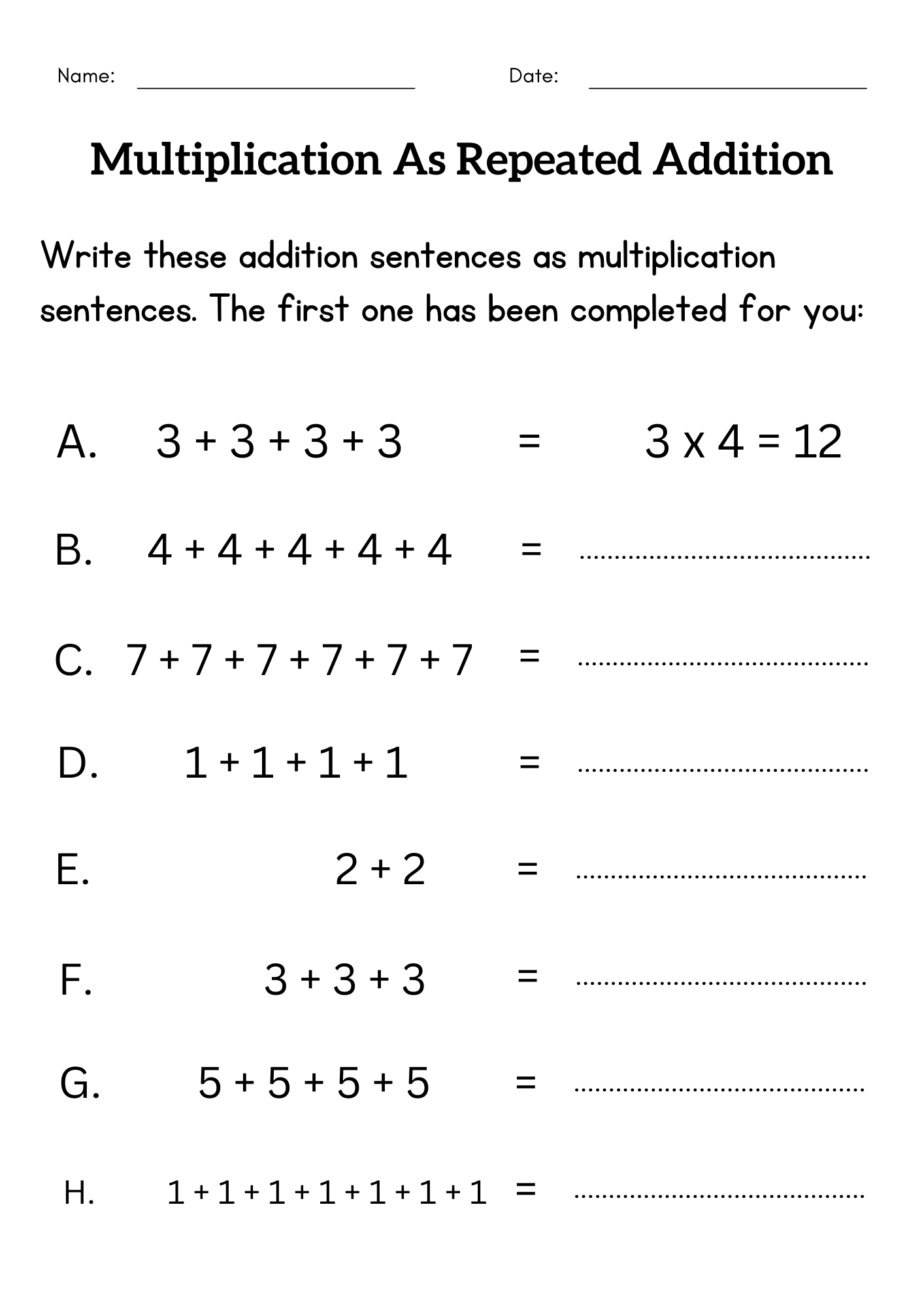 Write Multiplication As Repeated Addition Activities Worksheet For