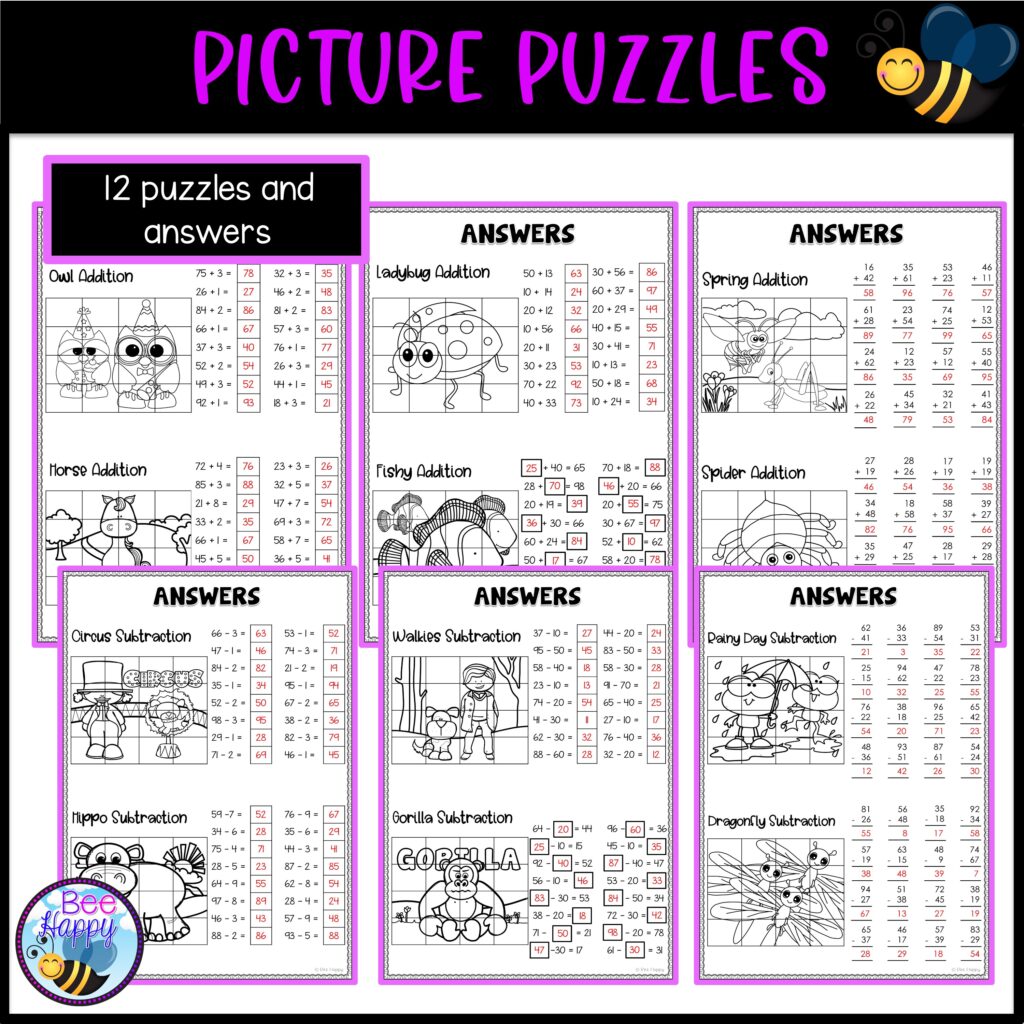 Math Mystery Picture Puzzles | Double Digit Addition and Subtraction ...