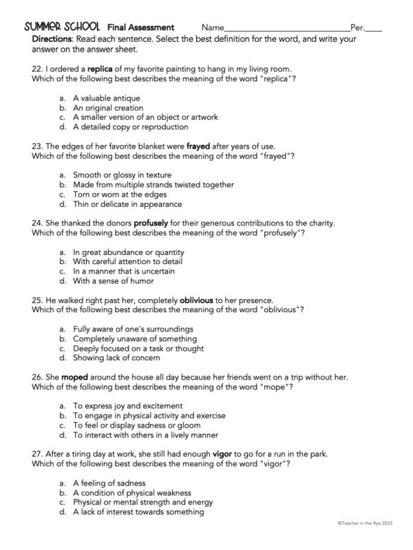 Gary Soto's Personal Essay "Summer School" Multiple Choice Final Test ...