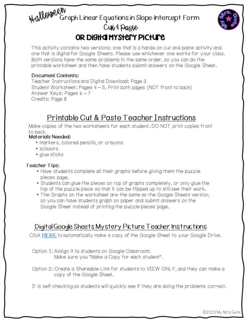 Halloween Graph Linear Equations Slope-Intercept Form Cut & Paste ...