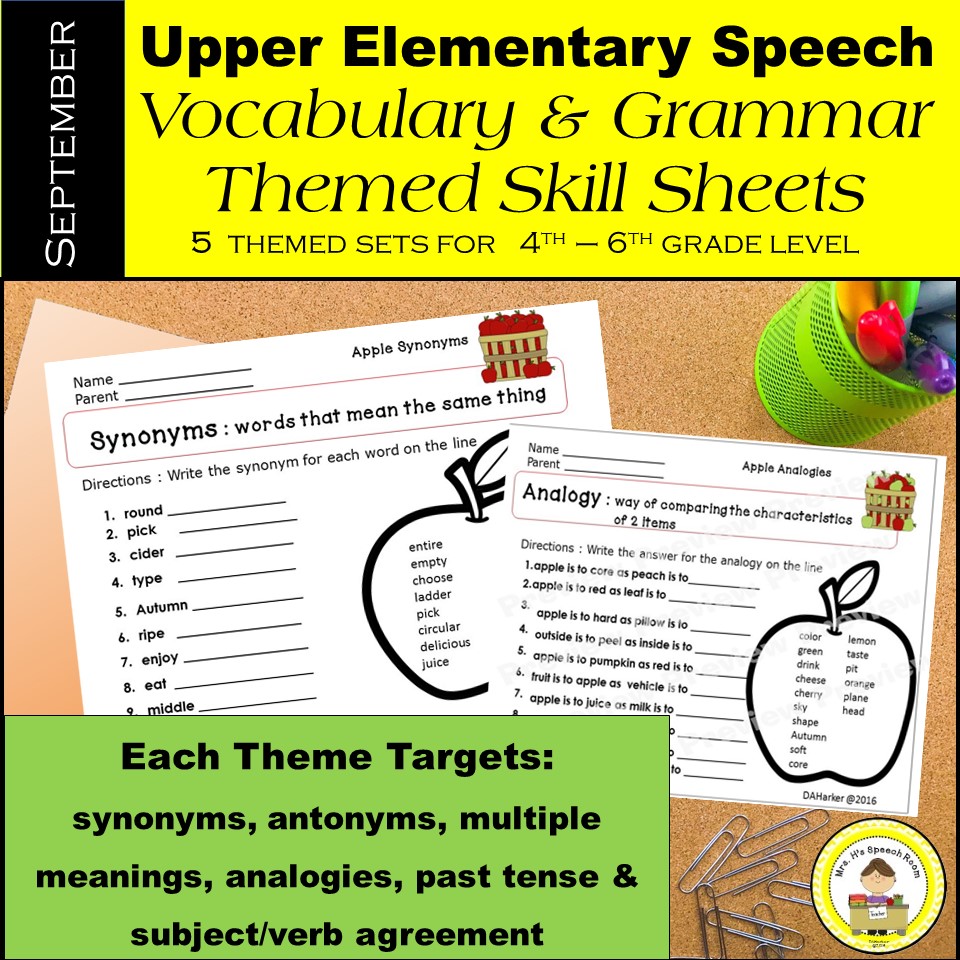September Speech Therapy Vocabulary Worksheets for Elementary Language ...