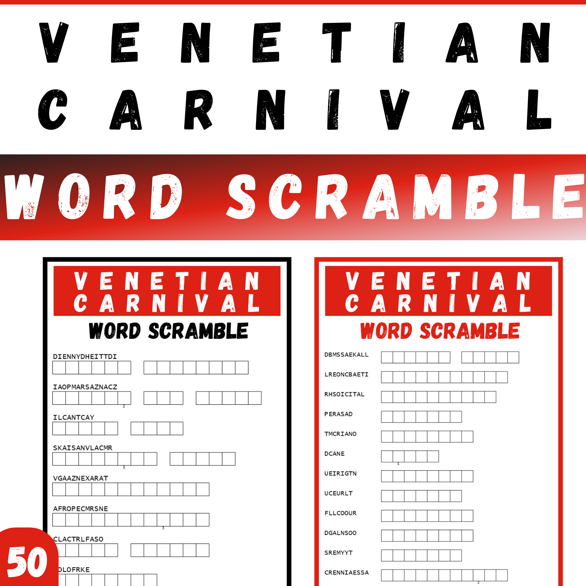 VENETIAN CARNIVAL WORD SCRAMBLE PUZZLE WORKSHEETS ACTIVITIES FOR KIDS ...
