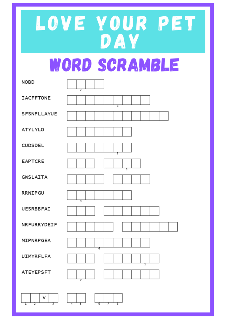 LOVE YOUR PET DAY WORD SCRAMBLE PUZZLE WORKSHEETS ACTIVITIES FOR KIDS ...