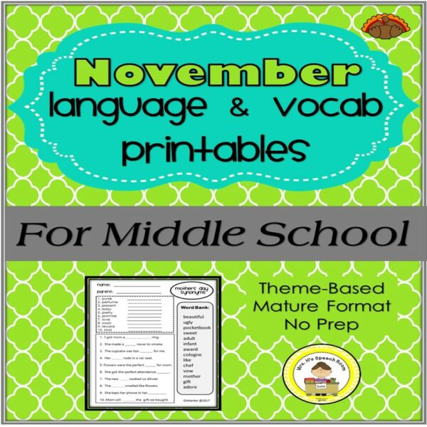 November Language and Vocabulary Printables for Middle School Speech ...