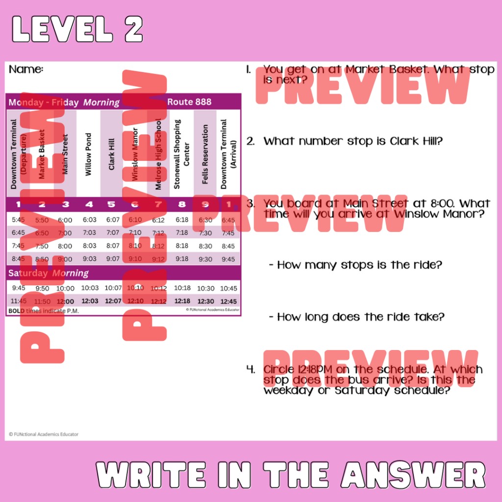 Bus & Train Schedules Unit 4 - Life Skills - Vocational - Special ...