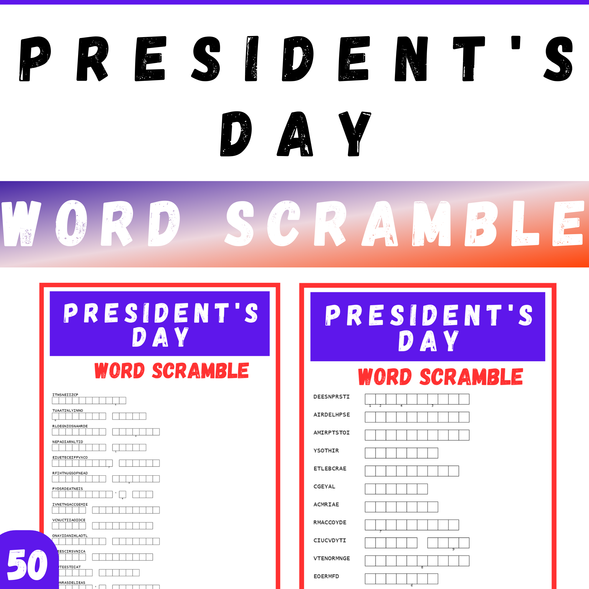 PRESIDENT'S DAY WORD SCRAMBLE PUZZLE WORKSHEETS ACTIVITIES FOR KIDS ...