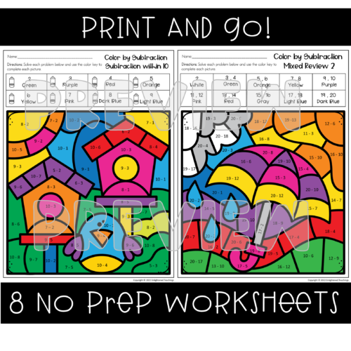 Subtraction to 20 Color by Code SEASONAL BUNDLE - NO PREP Subtraction ...