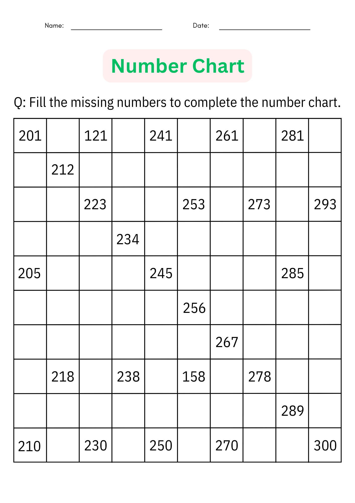 Number Chart 1 to 1000 - Missing Number Math Worksheets for Grade 1, 2 ...