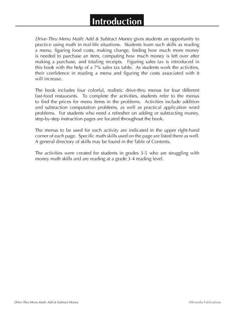 Drive-Thru Menu Math: Life Skills - Add and Subtract Money & Making ...