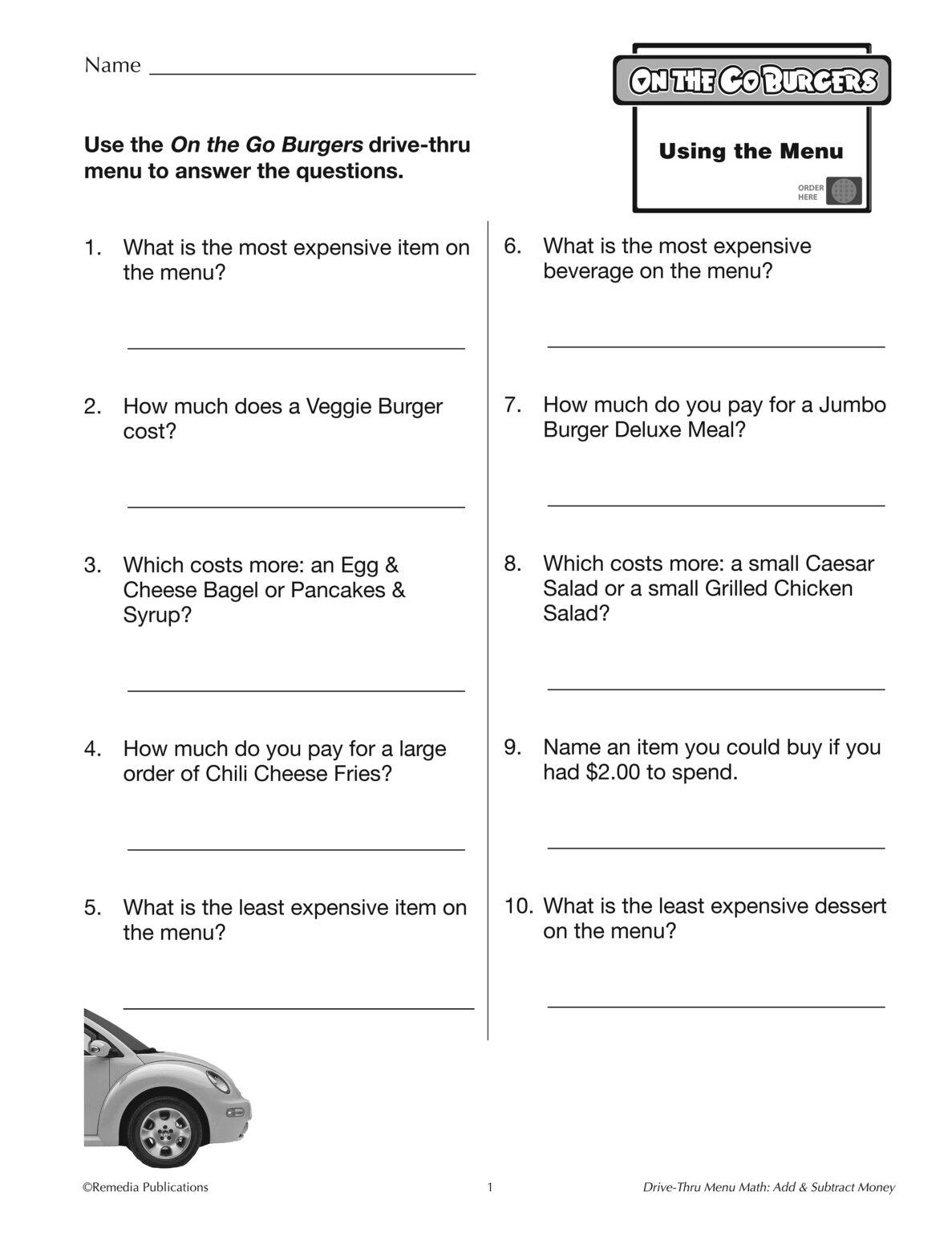 Drive-Thru Menu Math: Life Skills - Add and Subtract Money & Making ...