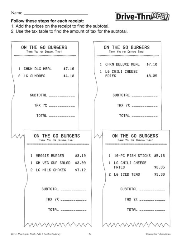 Drive-Thru Menu Math: Life Skills - Add and Subtract Money & Making ...