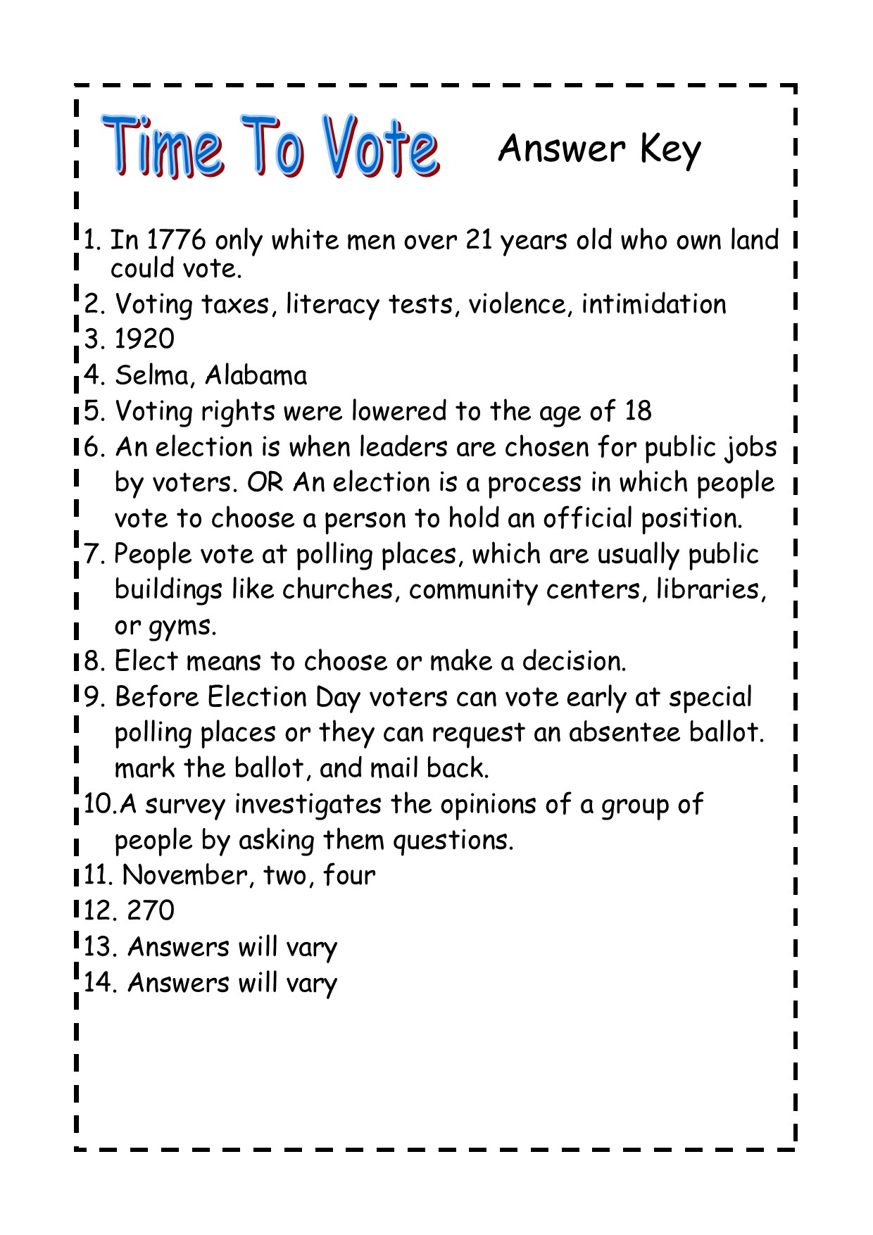 Time to Vote-History, Elections, Electoral College Reading ...