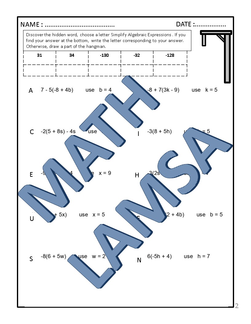 Evaluating One Variable HANGMAN - Algebraic Expressions Worksheets ...