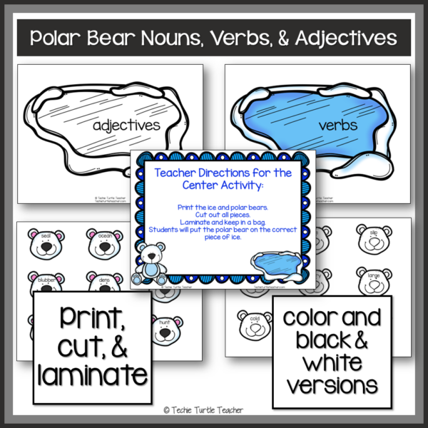 Polar Bear Parts of Speech-Nouns, Adjectives, Verbs-Center Activity ...