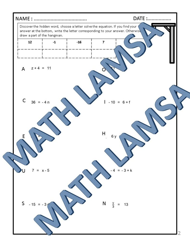 Equation HANGMAN - One Step Equations Containing Integers Worksheets ...