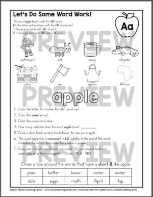 Apple Phonics and Math Worksheets for Kindergarten and First Grade ...