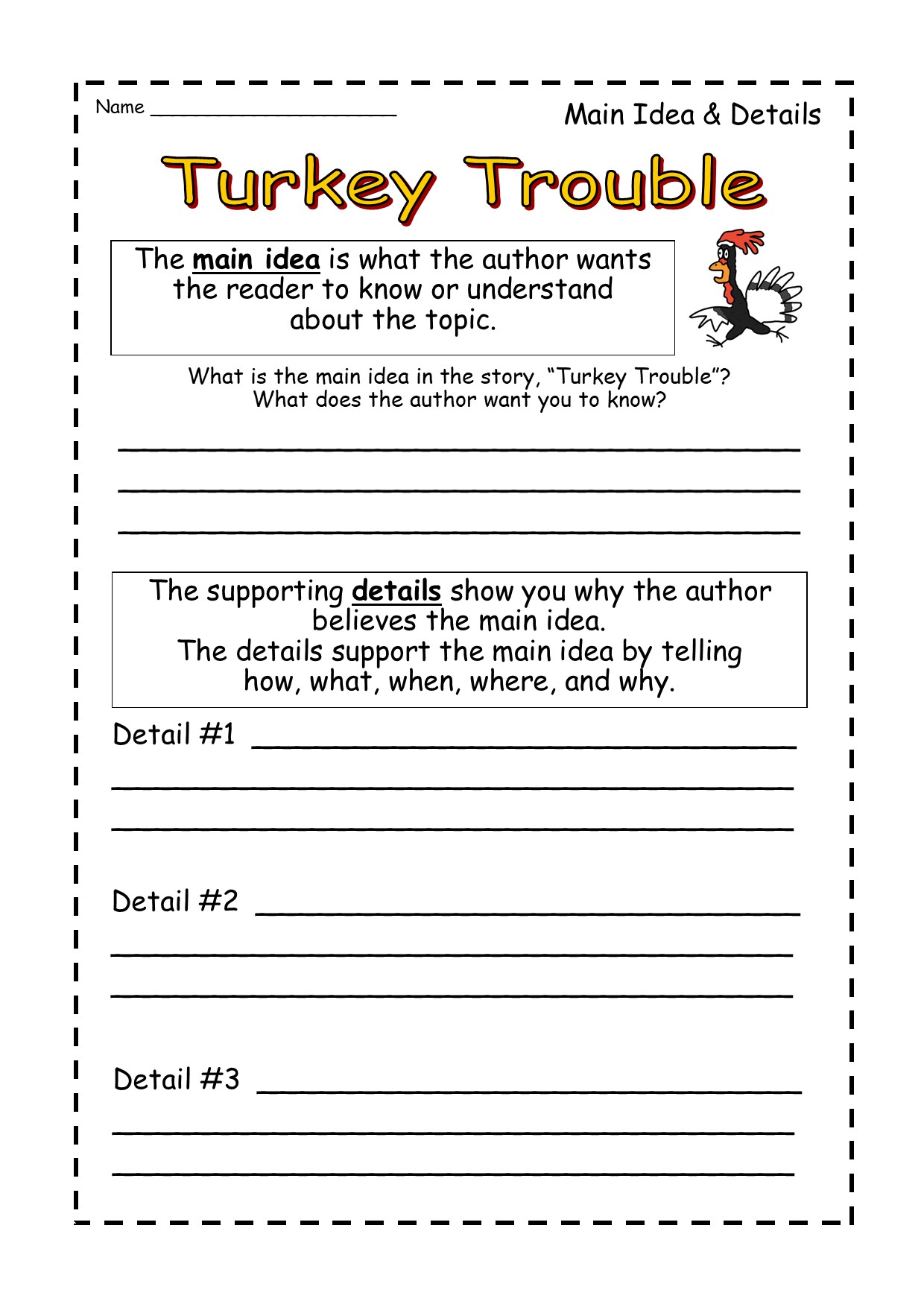 Turkey Trouble Main Idea Retell Summarize Story Elements & Sequence ...