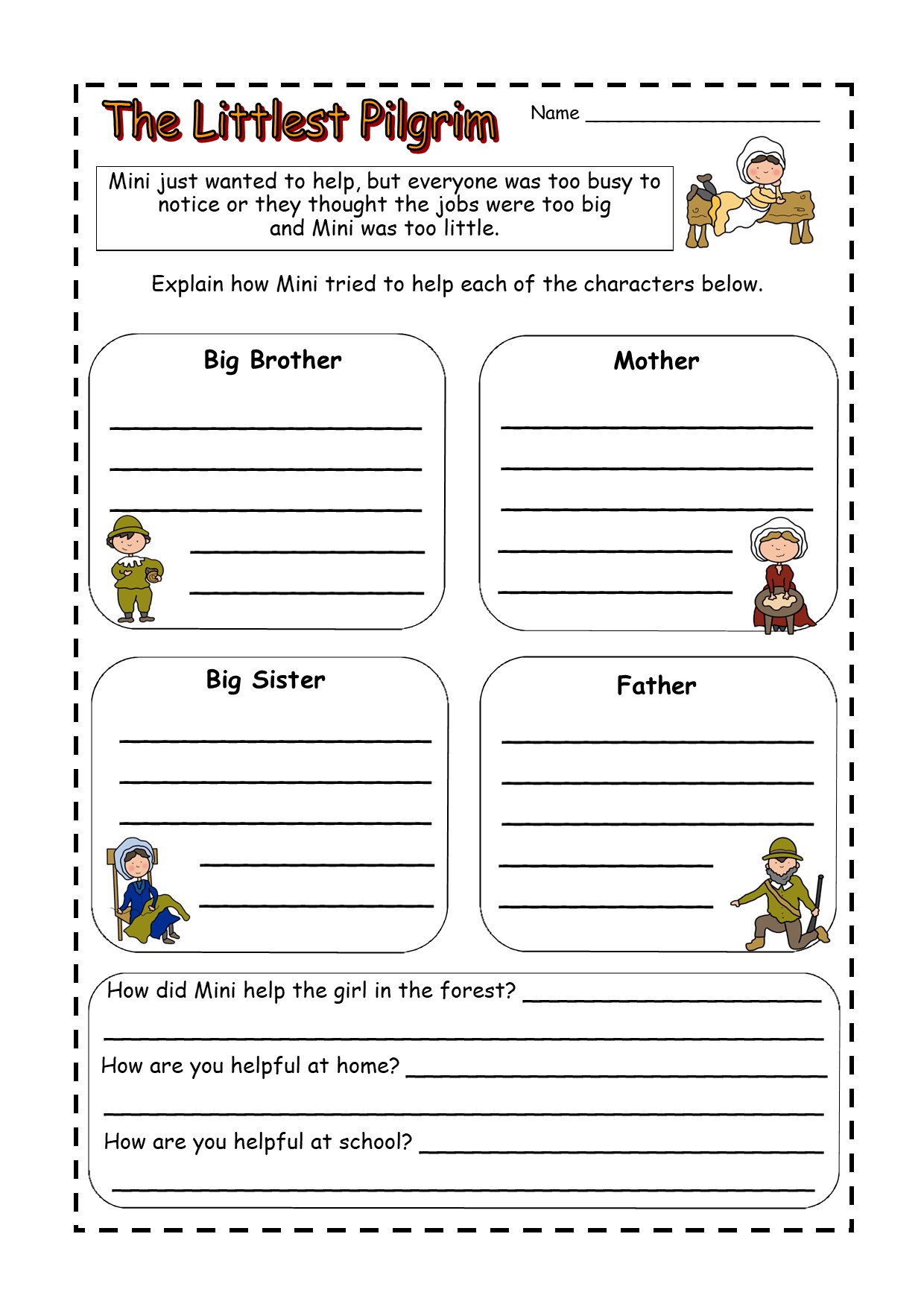 The Littlest Pilgrim Main Idea Story Elements & Sequence Retell ...
