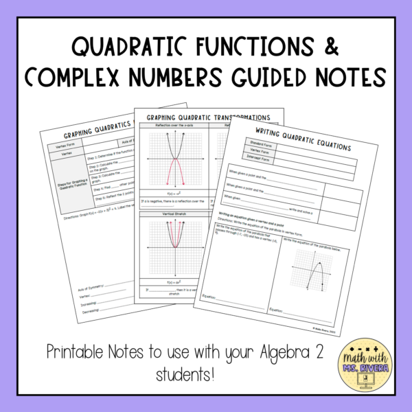 Quadratic Functions & Complex Numbers Guided Notes for Algebra 2 - Made ...