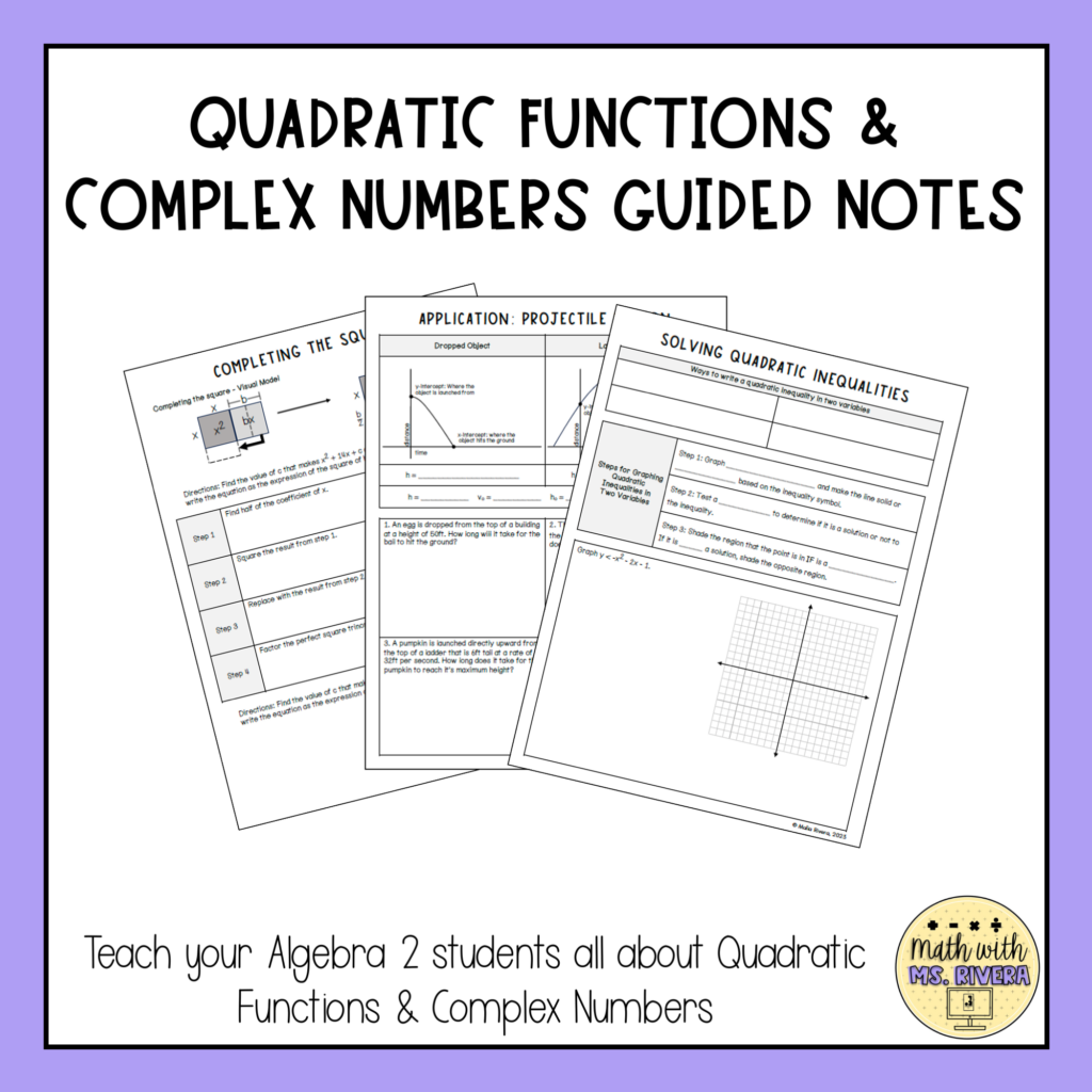 Quadratic Functions & Complex Numbers Guided Notes for Algebra 2 - Made ...
