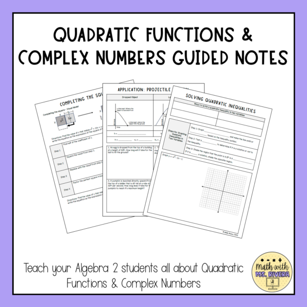 Quadratic Functions & Complex Numbers Guided Notes for Algebra 2 - Made ...