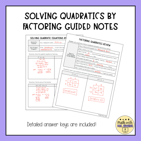 Solving Quadratic Equations by Factoring Guided Notes for Algebra 2 ...