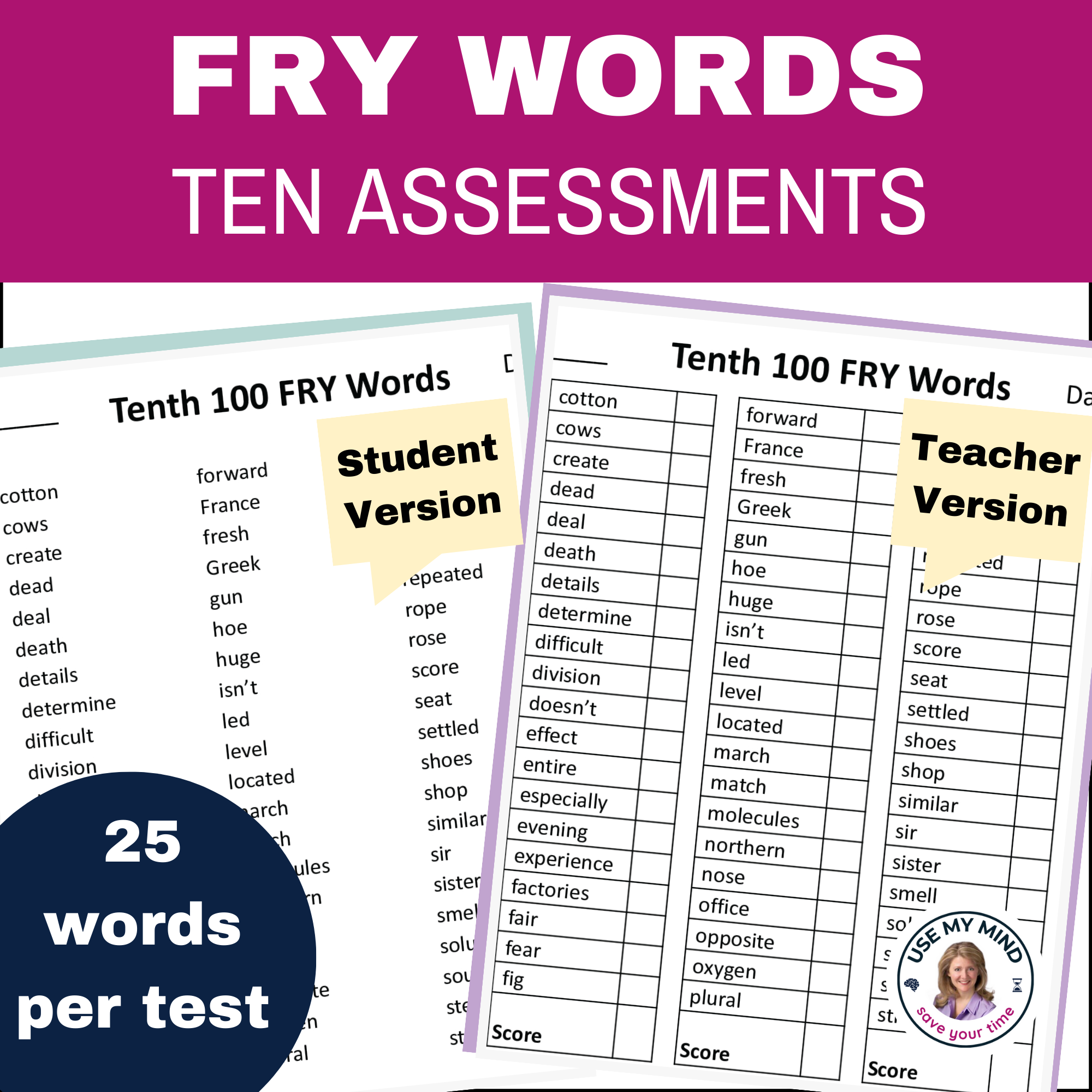 Fry Word List - 1,000 High Frequency Words - Assessment & Fluency ...