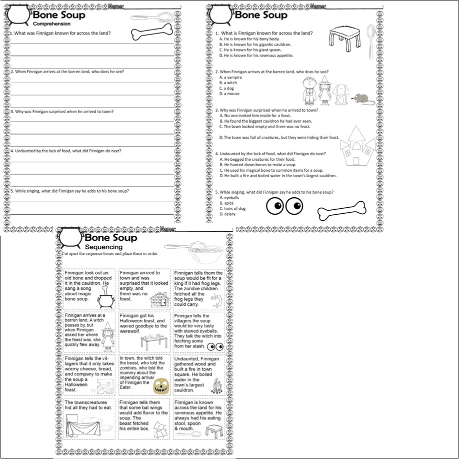 Bone Soup Halloween Reading Comprehension Quiz & Story Sequencing ...