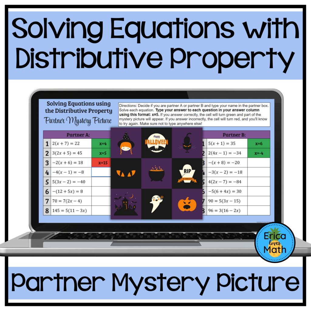 Solving Equations Using Distributive Property Digital Halloween Partner ...