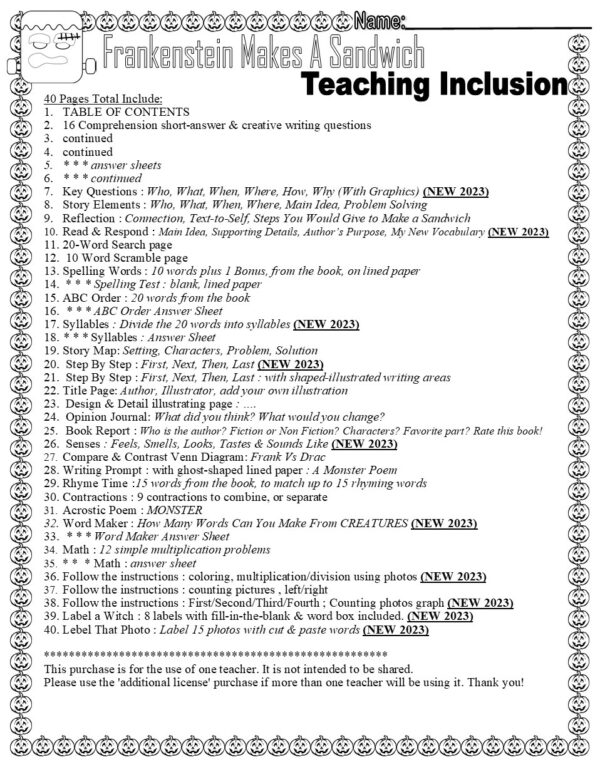 Frankenstein Makes a Sandwich Halloween Poem Worksheets Writing ...