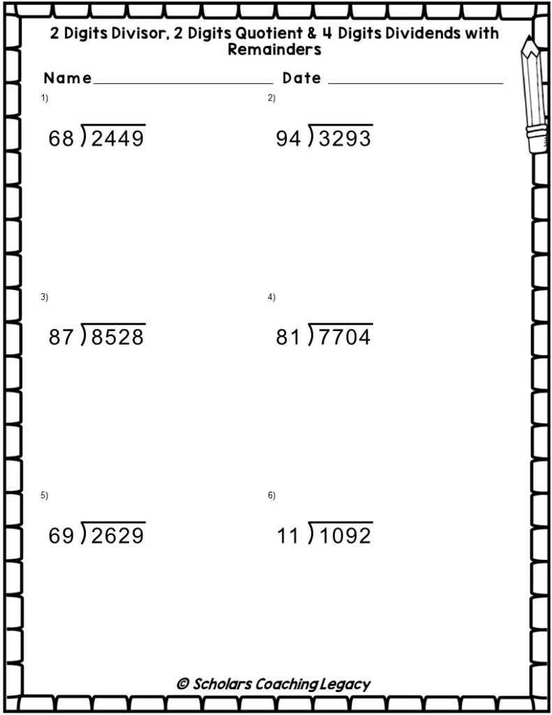 Division with 2 Digits Divisor, 2 Digits Quotient & 4 Digits Dividends ...